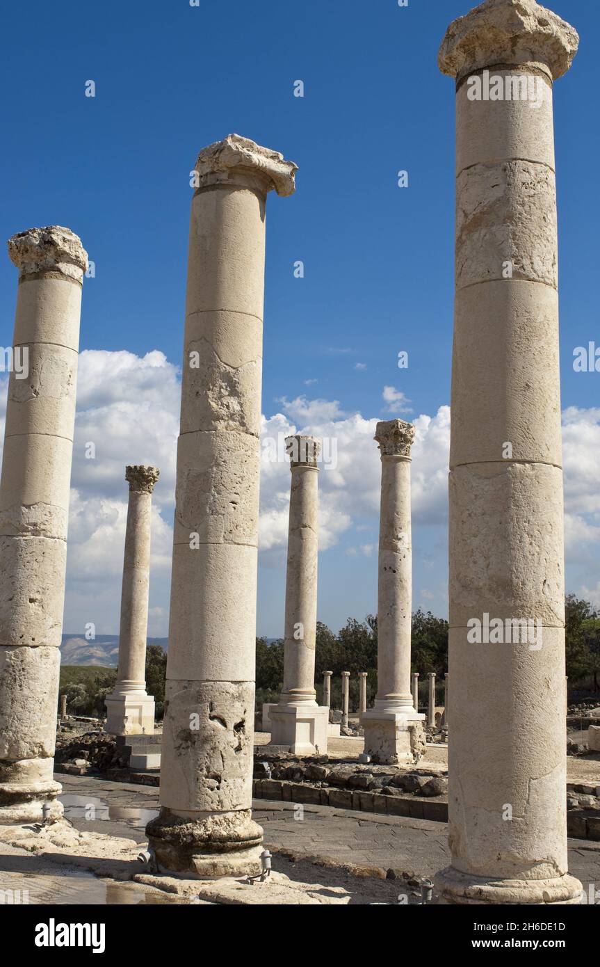 ancient columns, archaeological site, Israel, Bet Sche’an Stock Photo ...