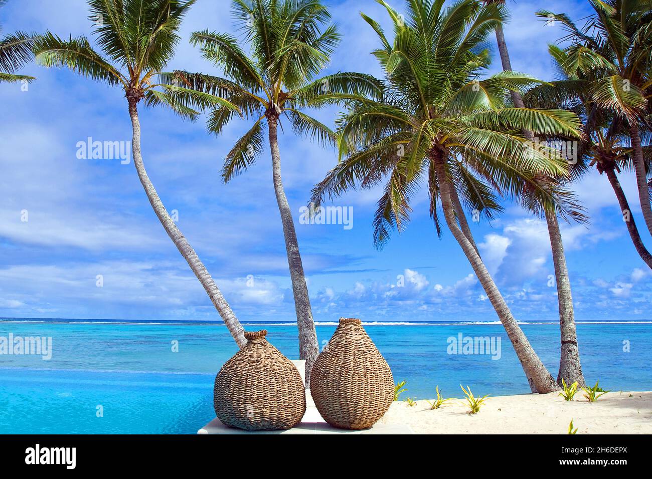 Hotel pool surrounded by palm trees, Cook Islands, Rarotonga Stock ...