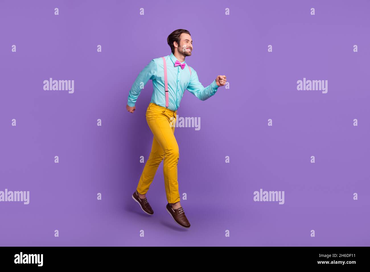 Full size profile photo of fast millennial cool guy run wear tie ...