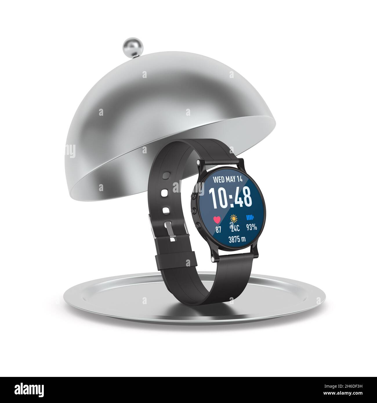open metallic cloche and smart watch on white background. Isolated 3D ...
