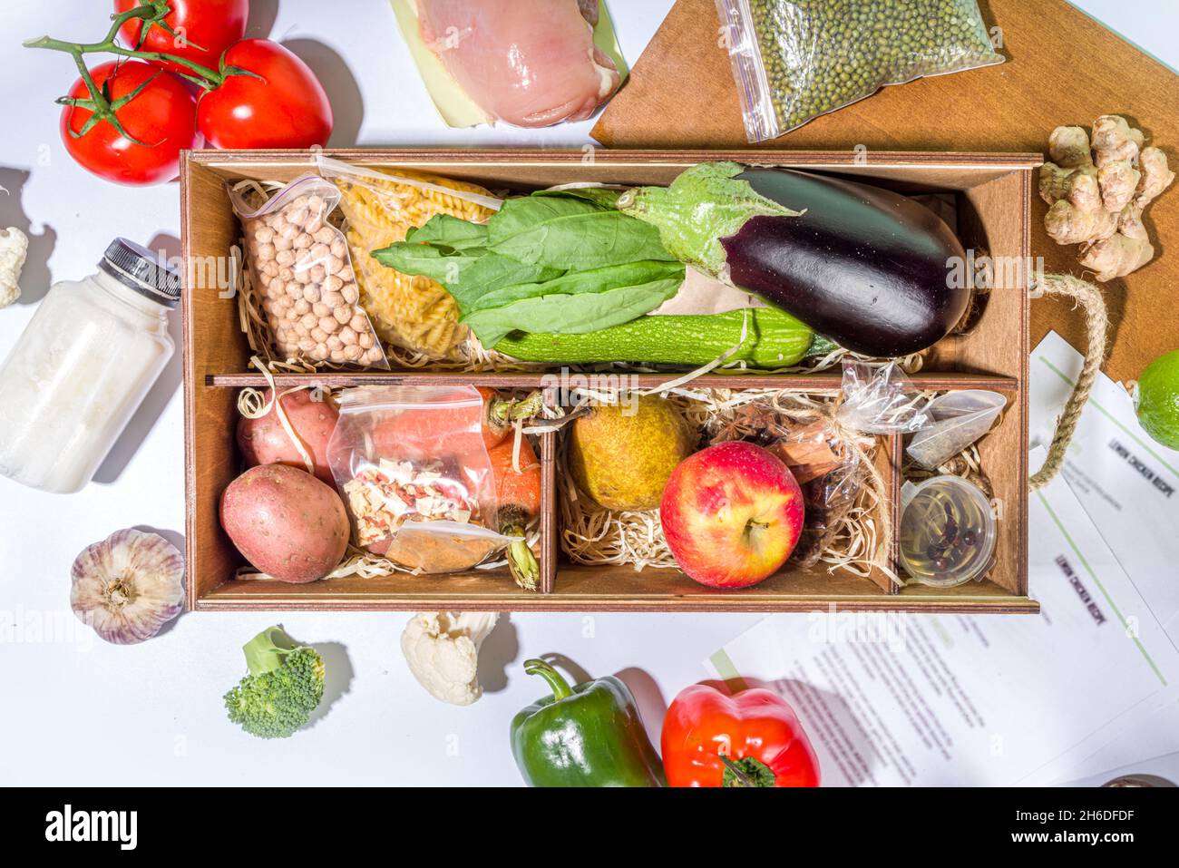 Meal Kit Delivery Concept. Set various healthy dishes food ingredients ...