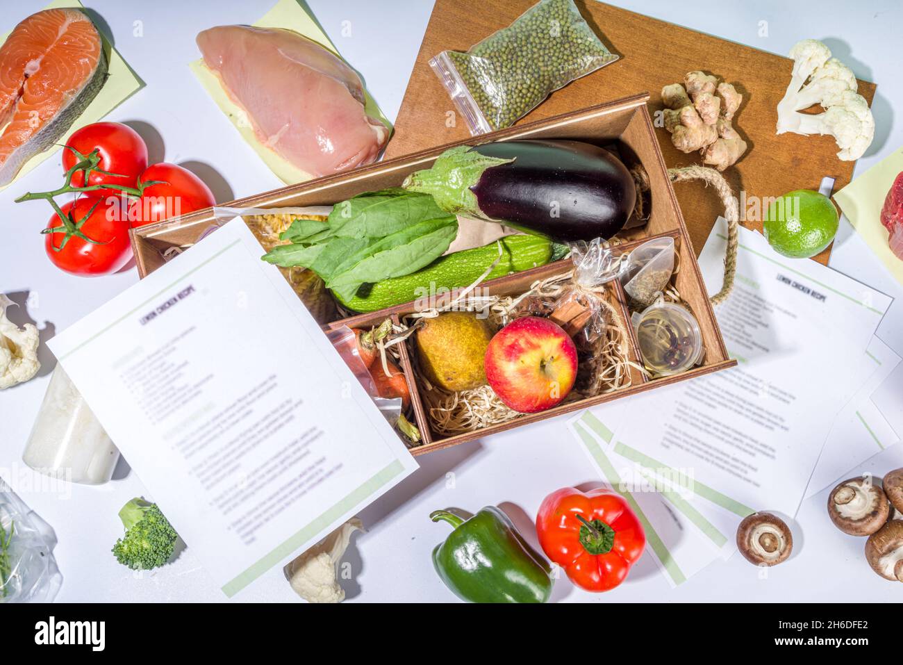 Meal Kit Delivery Concept. Set various healthy dishes food ingredients ...