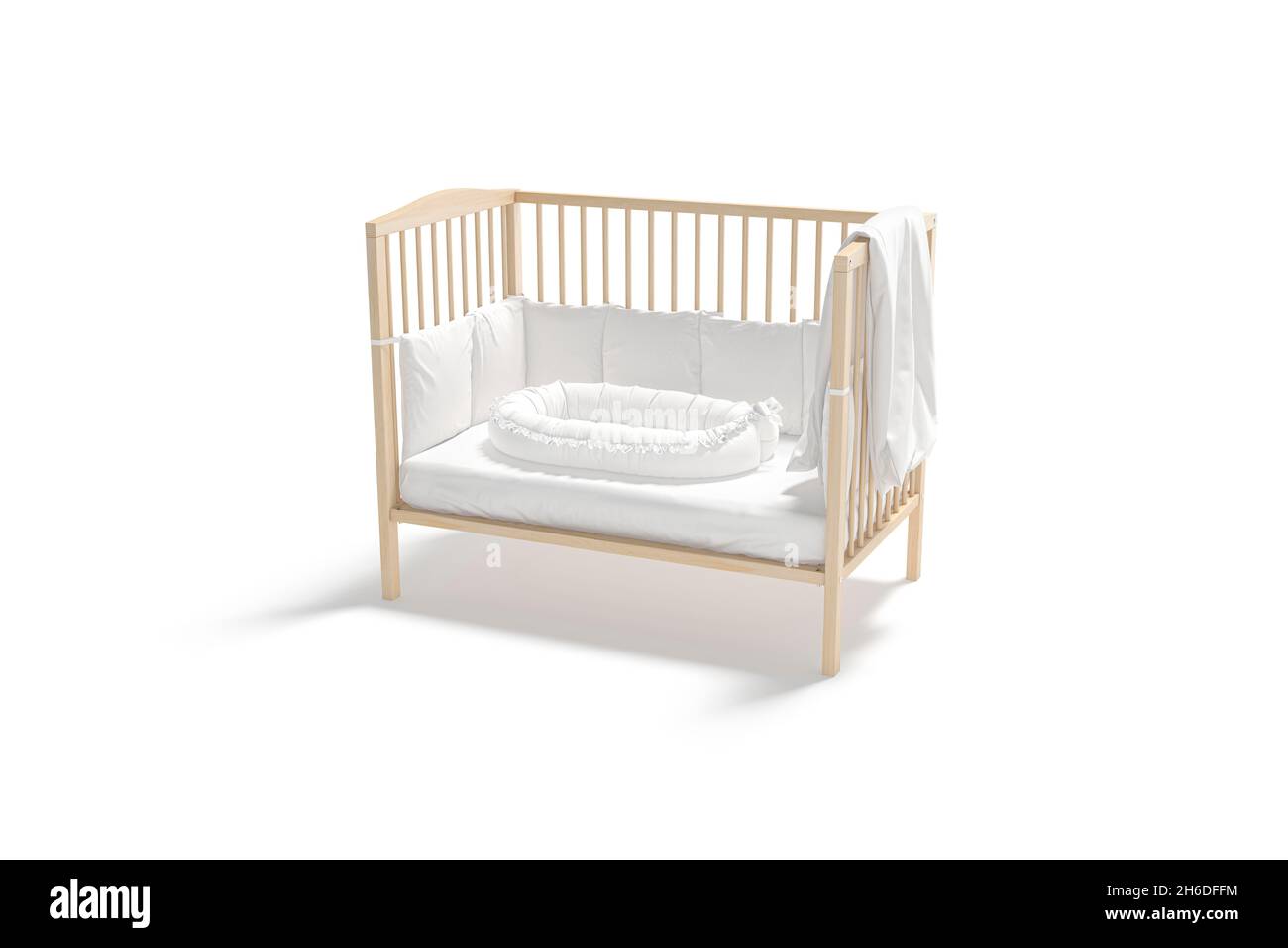 Blank wood cot with white crib sheet and nest mockup, 3d rendering ...
