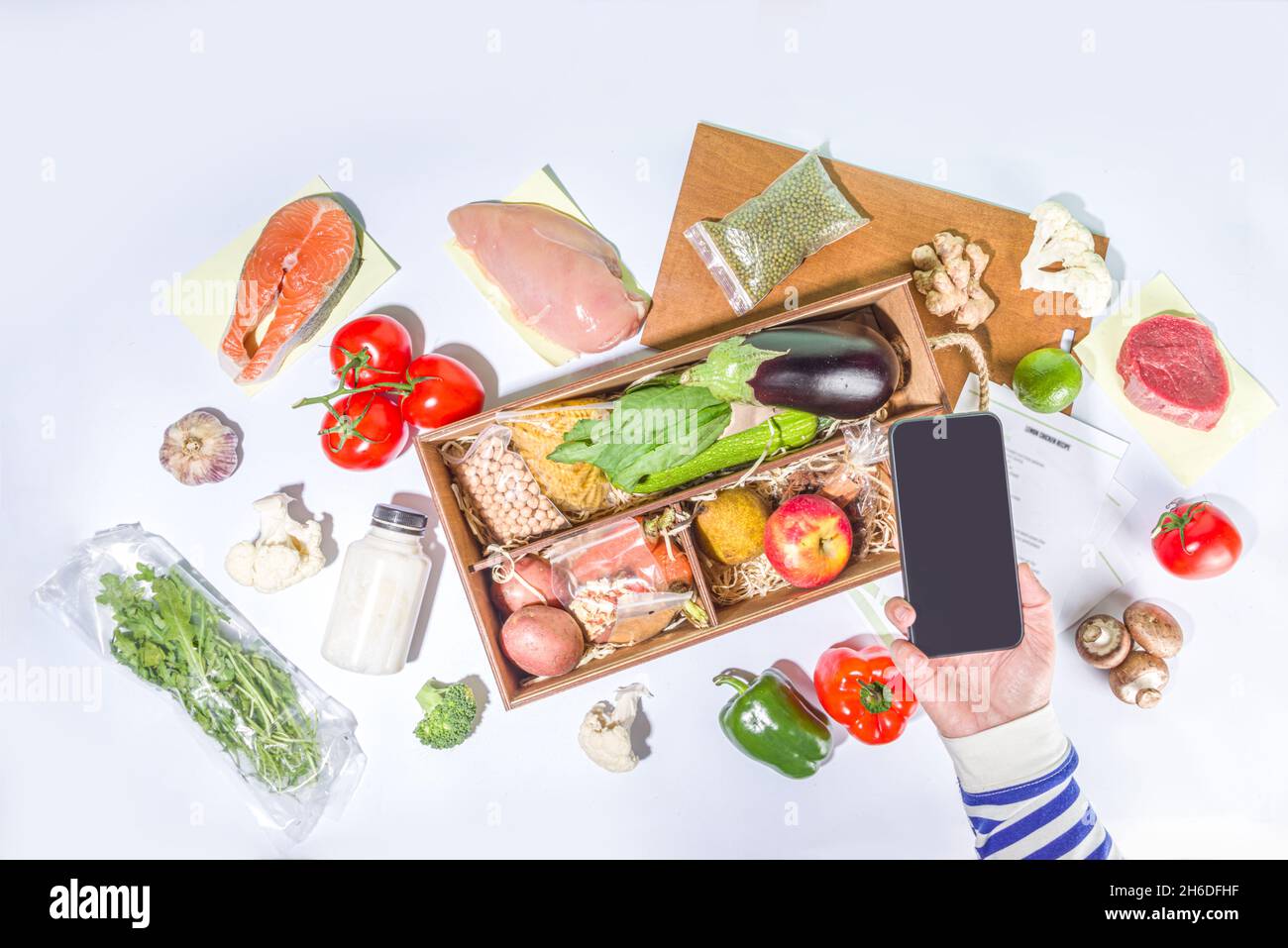 Meal Kit Delivery Concept. Set various healthy dishes food ingredients ...