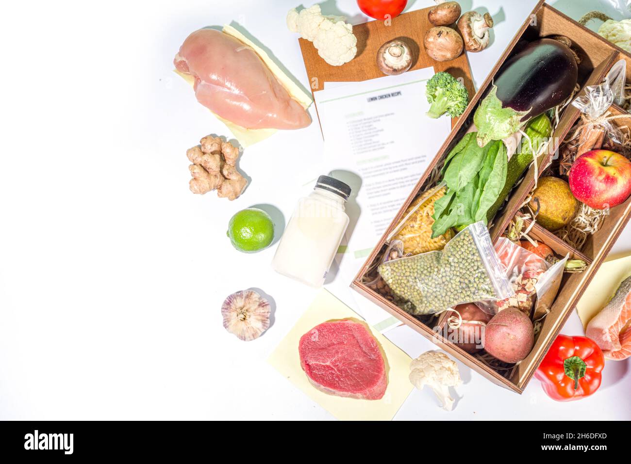 Meal Kit Delivery Concept. Set various healthy dishes food ingredients ...