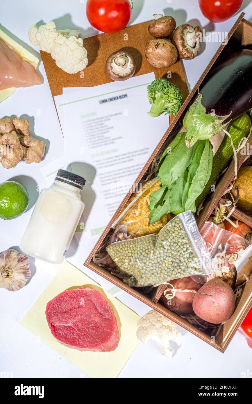 Meal Kit Delivery Concept. Set various healthy dishes food ingredients ...