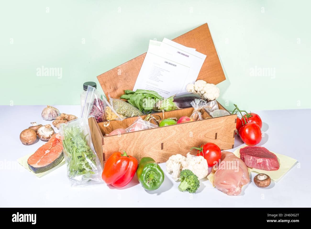 Meal Kit Delivery Concept. Set various healthy dishes food ingredients ...