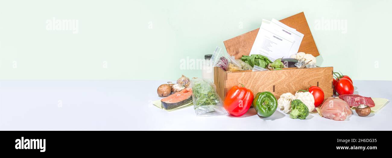 Meal Kit Delivery Concept. Set various healthy dishes food ingredients ...