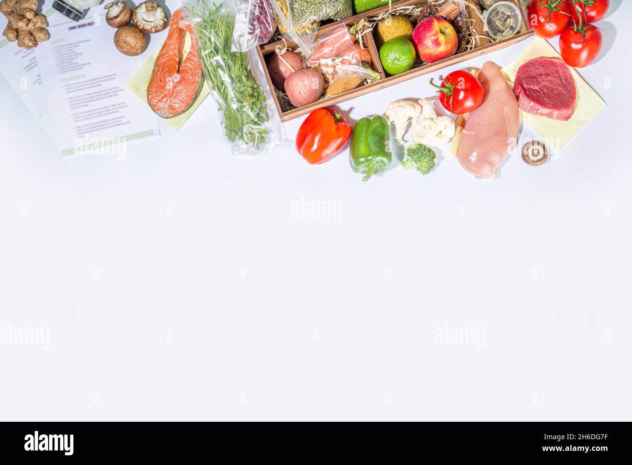 Meal Kit Delivery Concept. Set various healthy dishes food ingredients ...