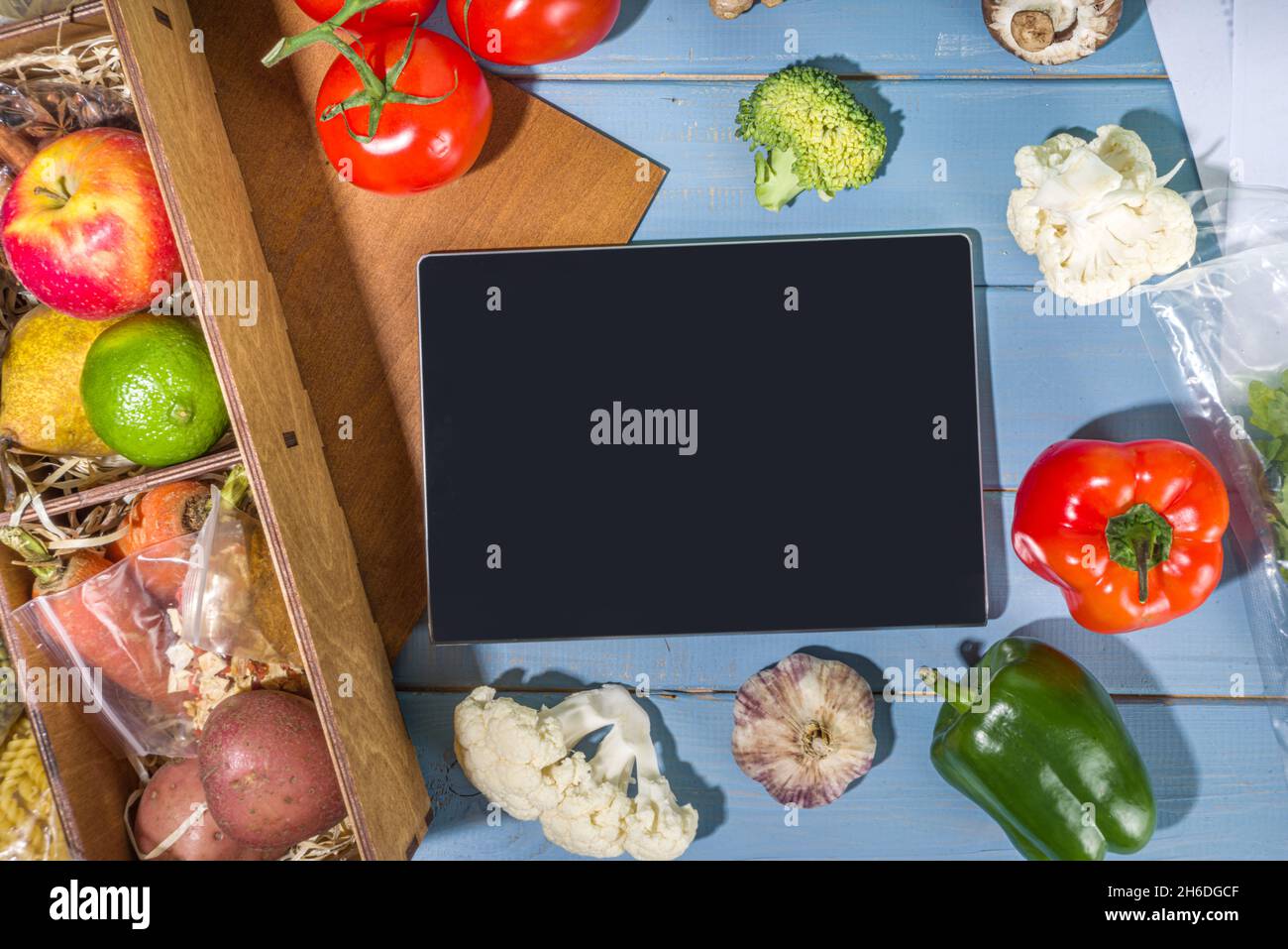 Meal Kit Delivery Concept. Set various healthy dishes food ingredients ...