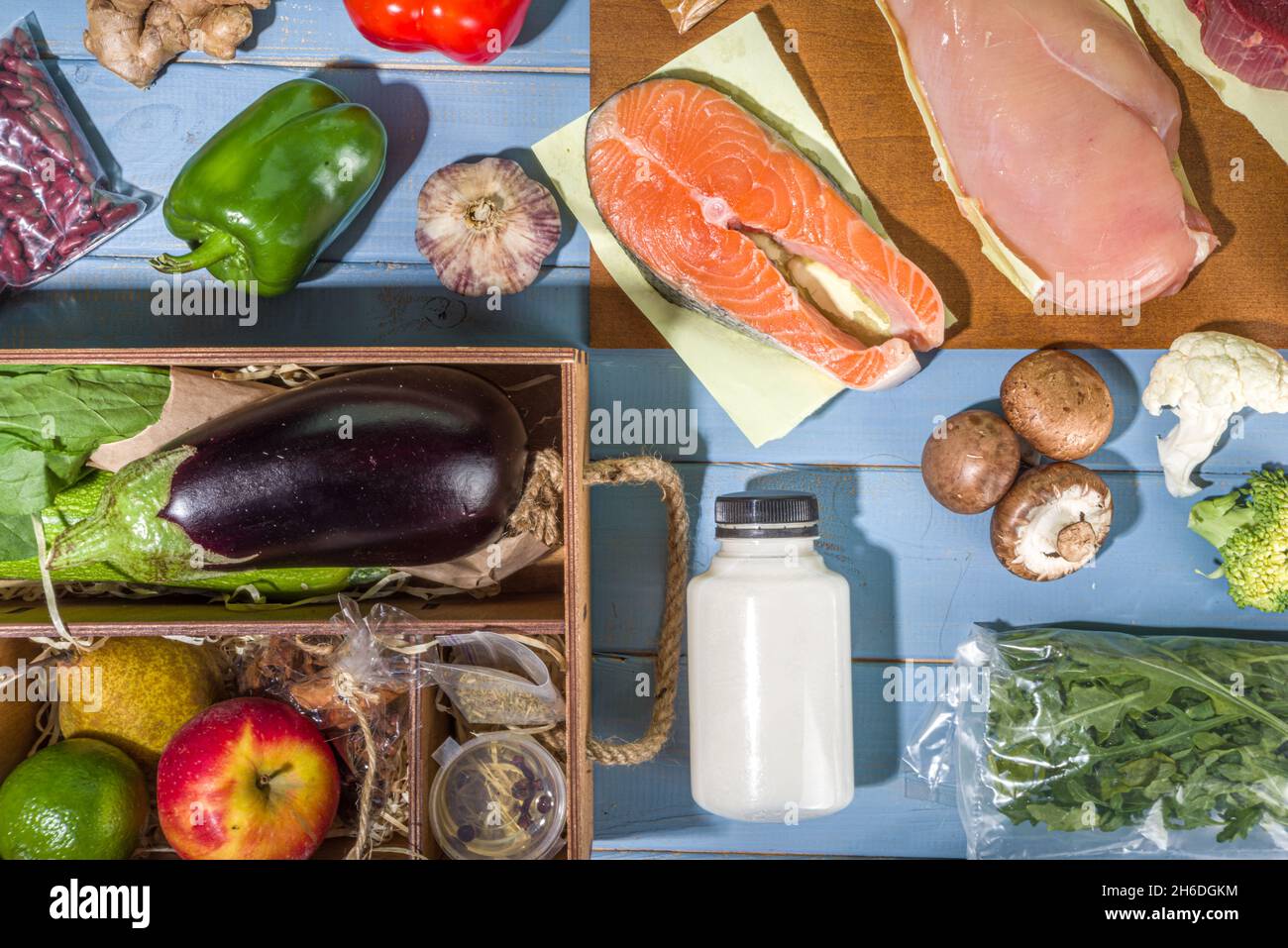 Meal Kit Delivery Concept. Set various healthy dishes food ingredients ...