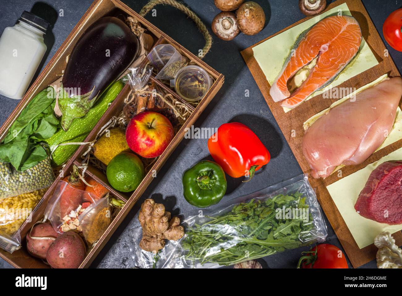 Meal Kit Delivery Concept. Set various healthy dishes food ingredients ...