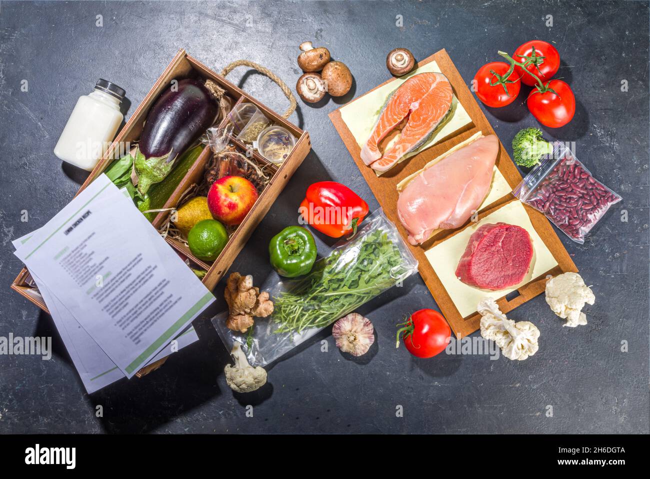 Meal Kit Delivery Concept. Set various healthy dishes food ingredients ...