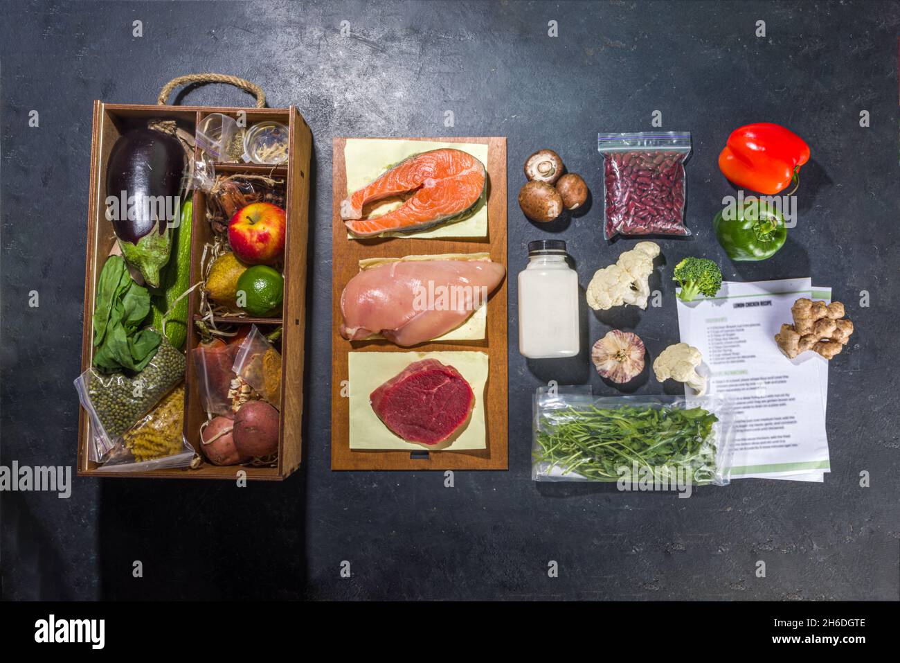 Meal Kit Delivery Concept. Set various healthy dishes food ingredients ...