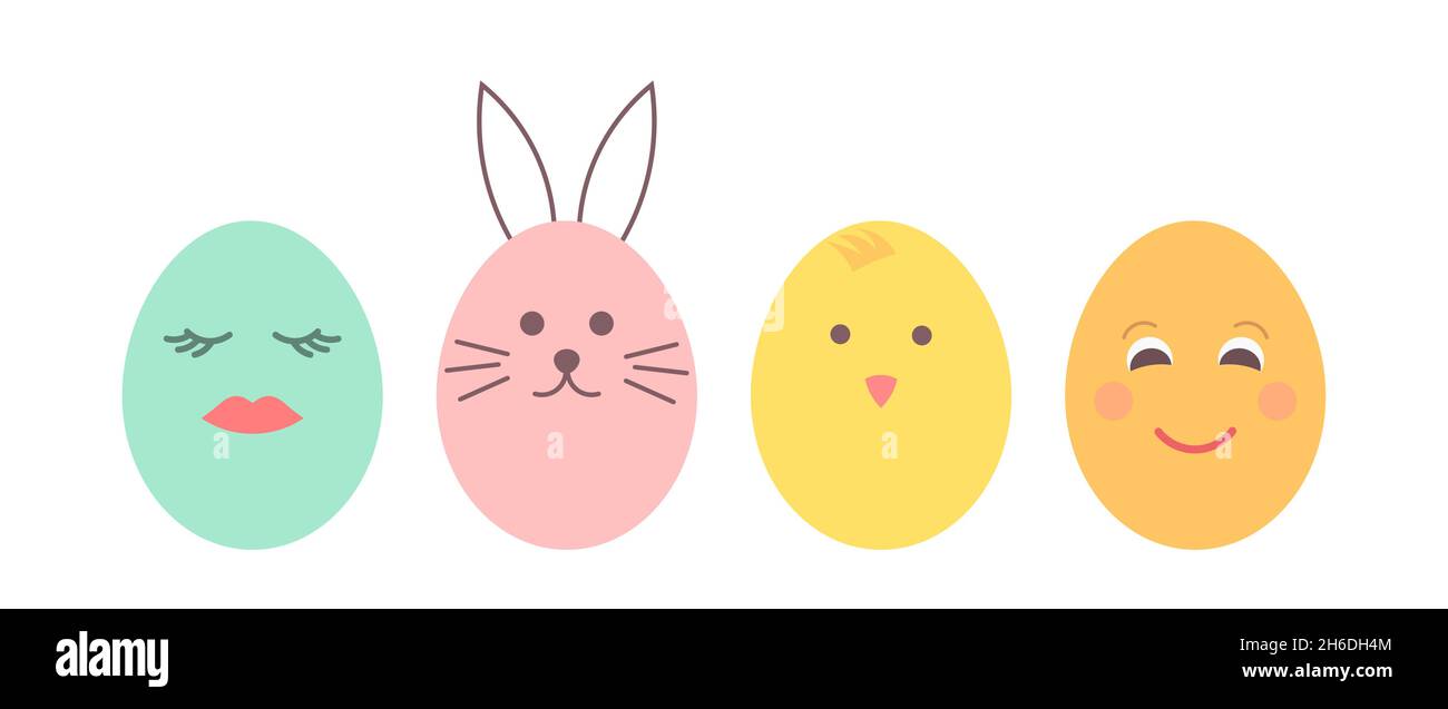 Easter eggs with painted faces. Cute Easter chick and bunny. Vector ...