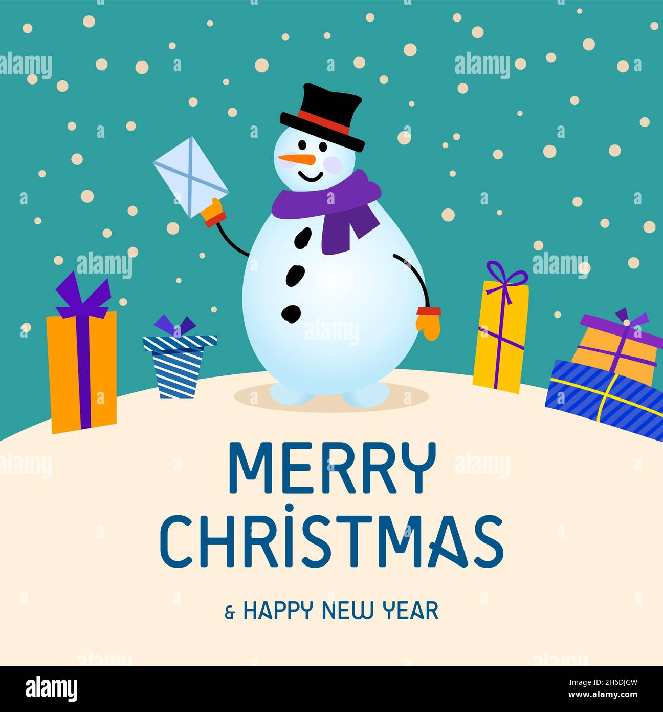 Christmas Cute Cheerful Snowman Postman in a hat with a letter in his ...