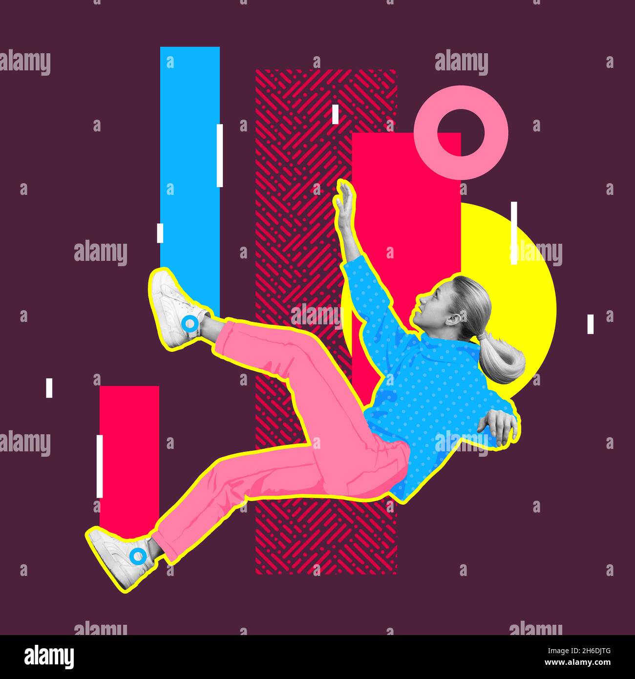 Contemporary art collage of young girl falling down isolated over ...