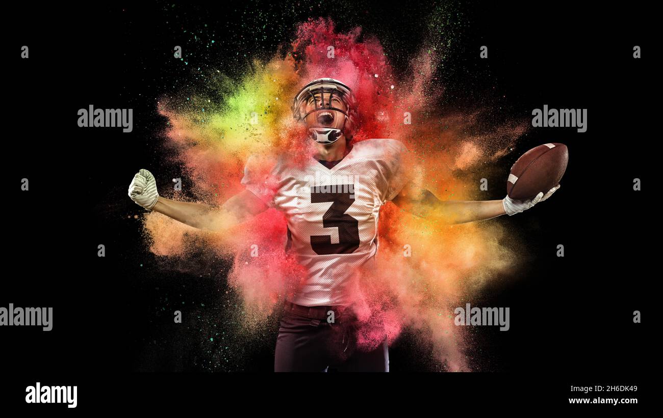 Collage with young sportsman, football player shouting as winner in ...