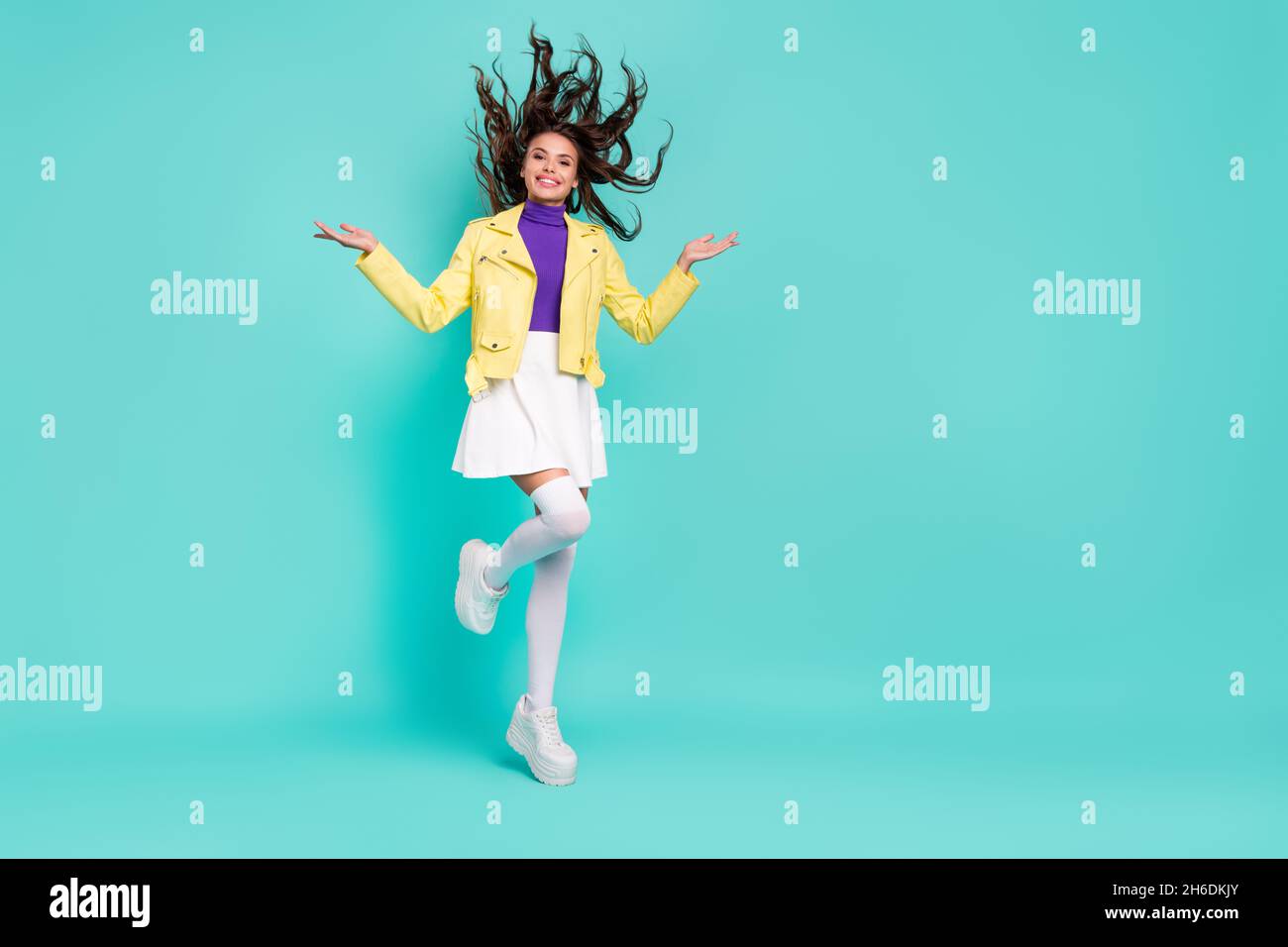 Full body photo of youth charming lady good mood wear casual clothes ...