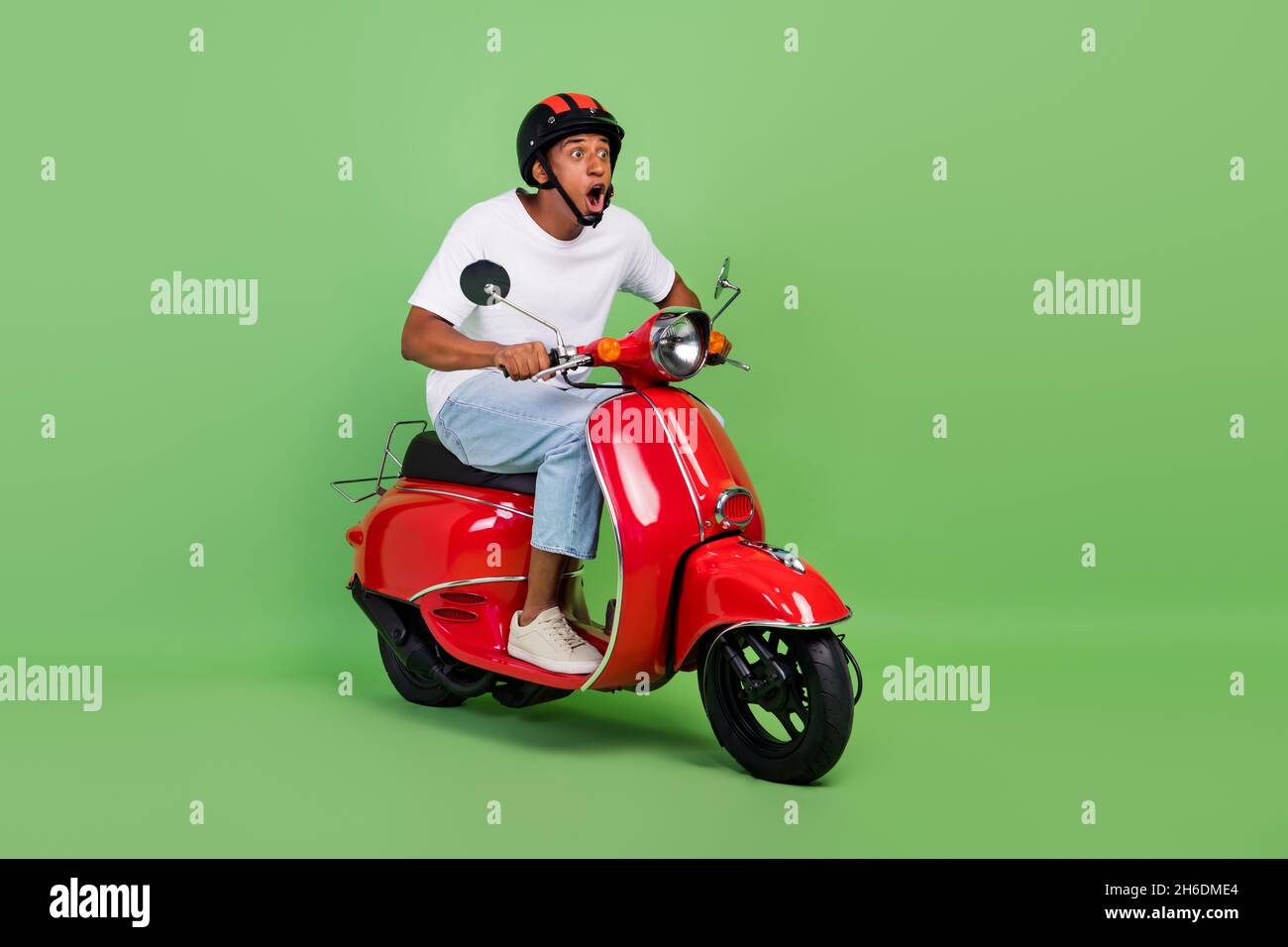 Full size profile side photo of young excited african man speed fast ...