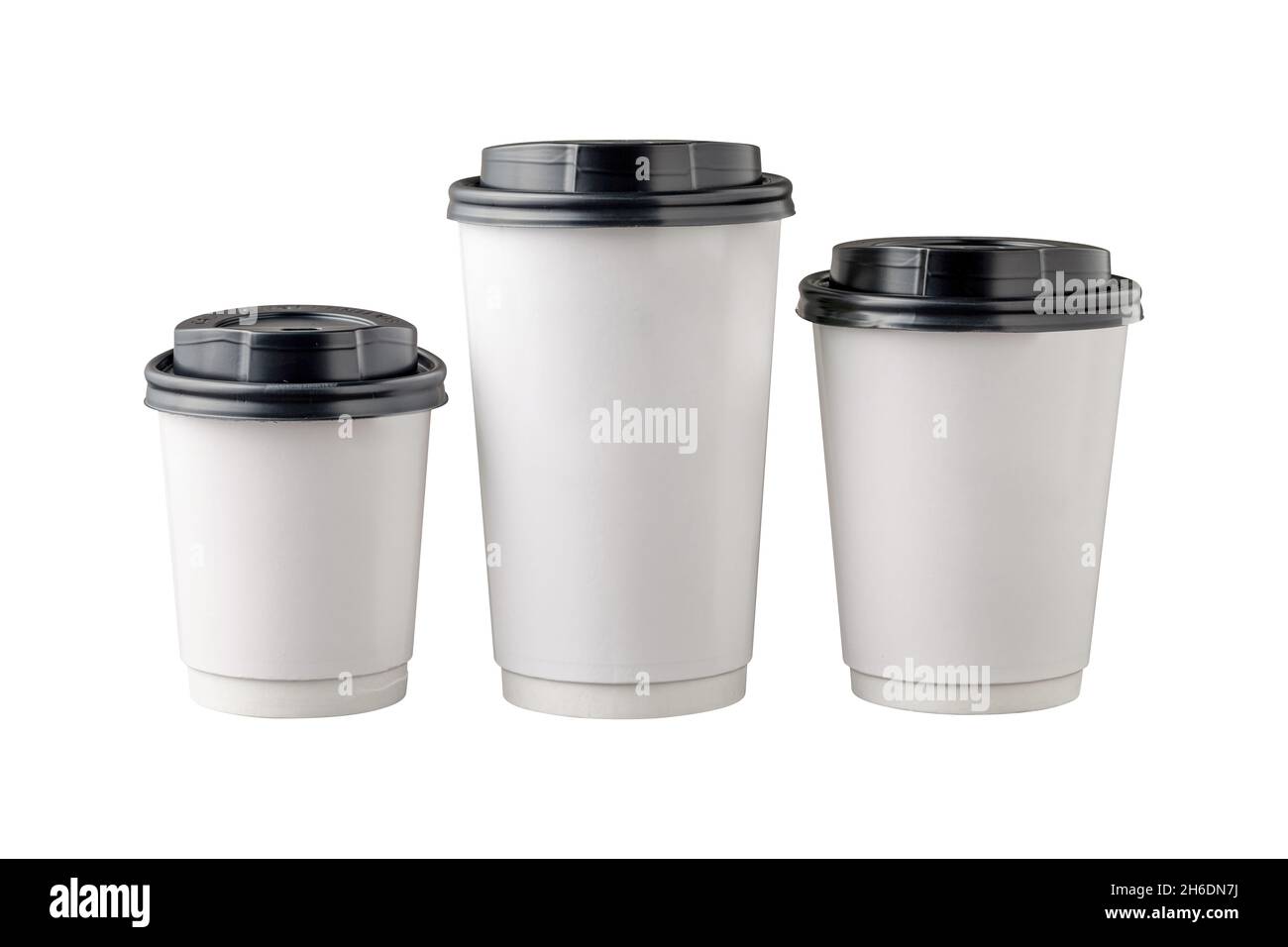 Three different sizes of white takeaway paper cups with black plastic ...