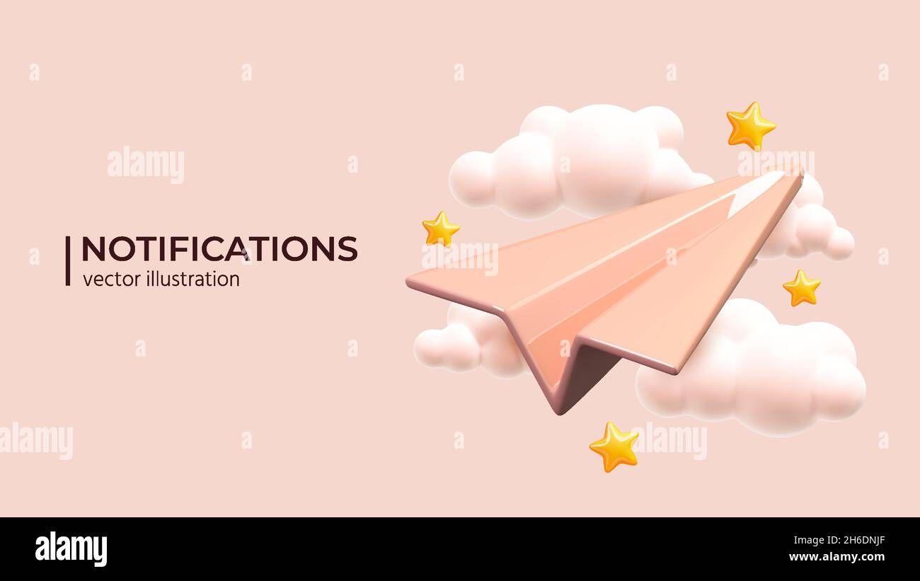 Paper plane in pink sky. Realistic 3d design. Concept Online social ...