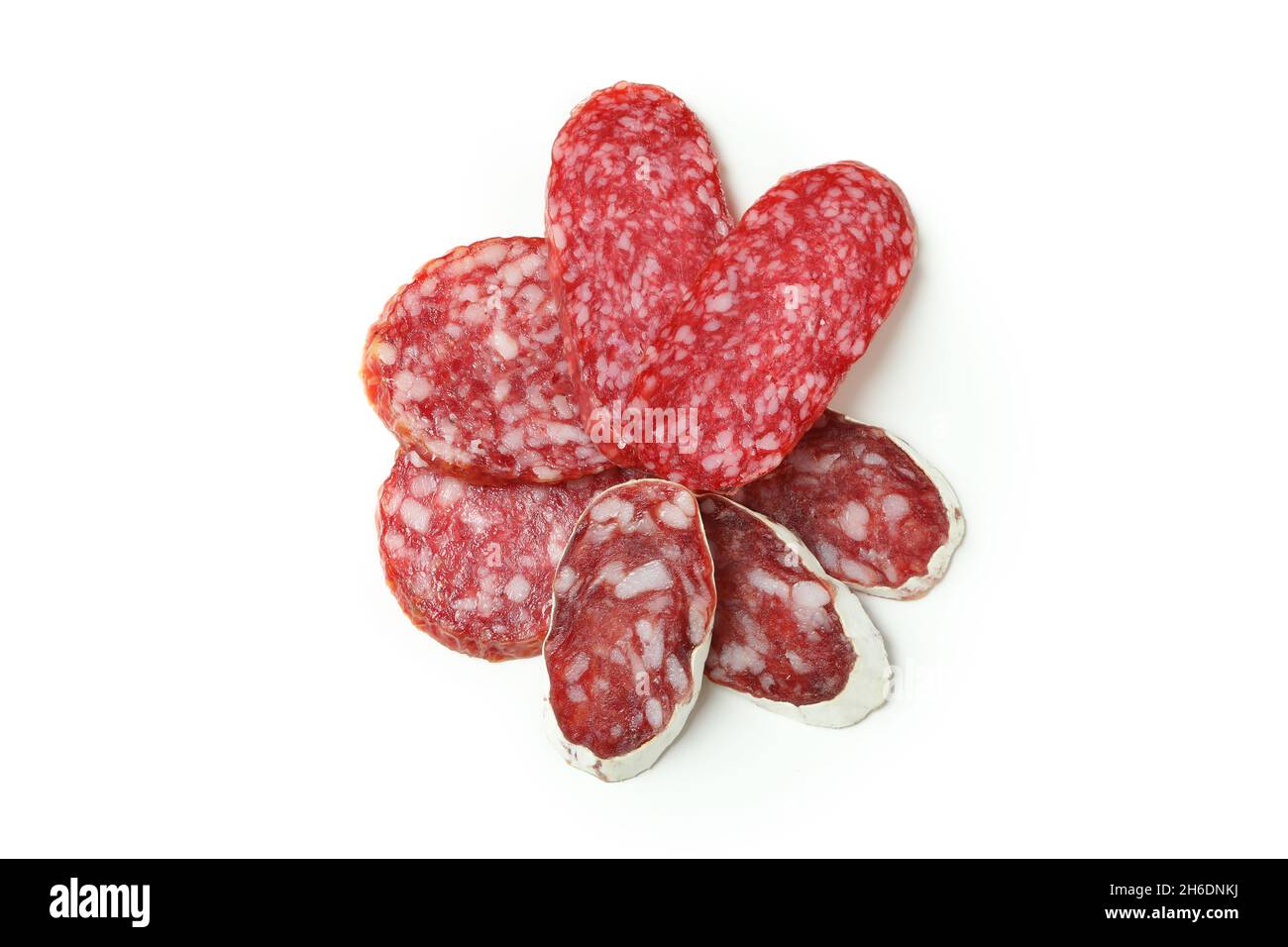 Slicing sausage salami isolated on white background Stock Photo - Alamy
