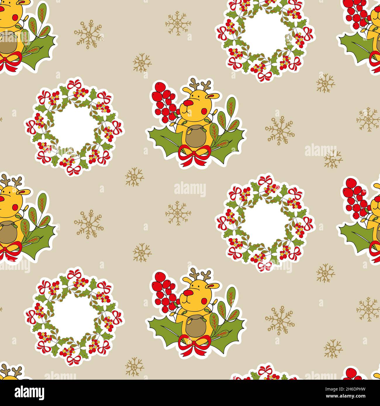 Holiday wreath, reindeer and snowflakes hand drawn on beige background ...