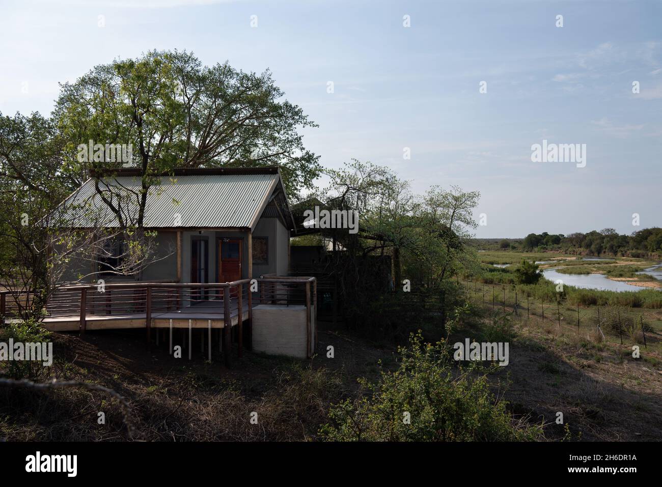 Tents along the bank of the river at Lower Sabie in the Kruger National ...