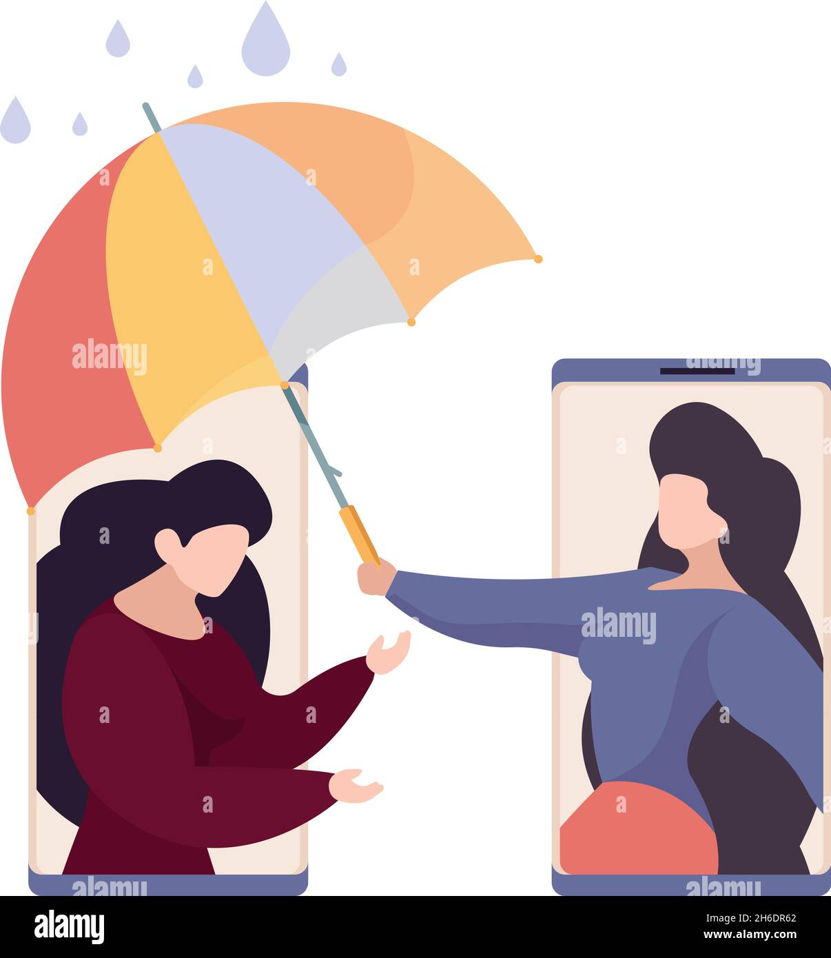 Online support. Friend hold umbrella under sad tired woman. Depression ...