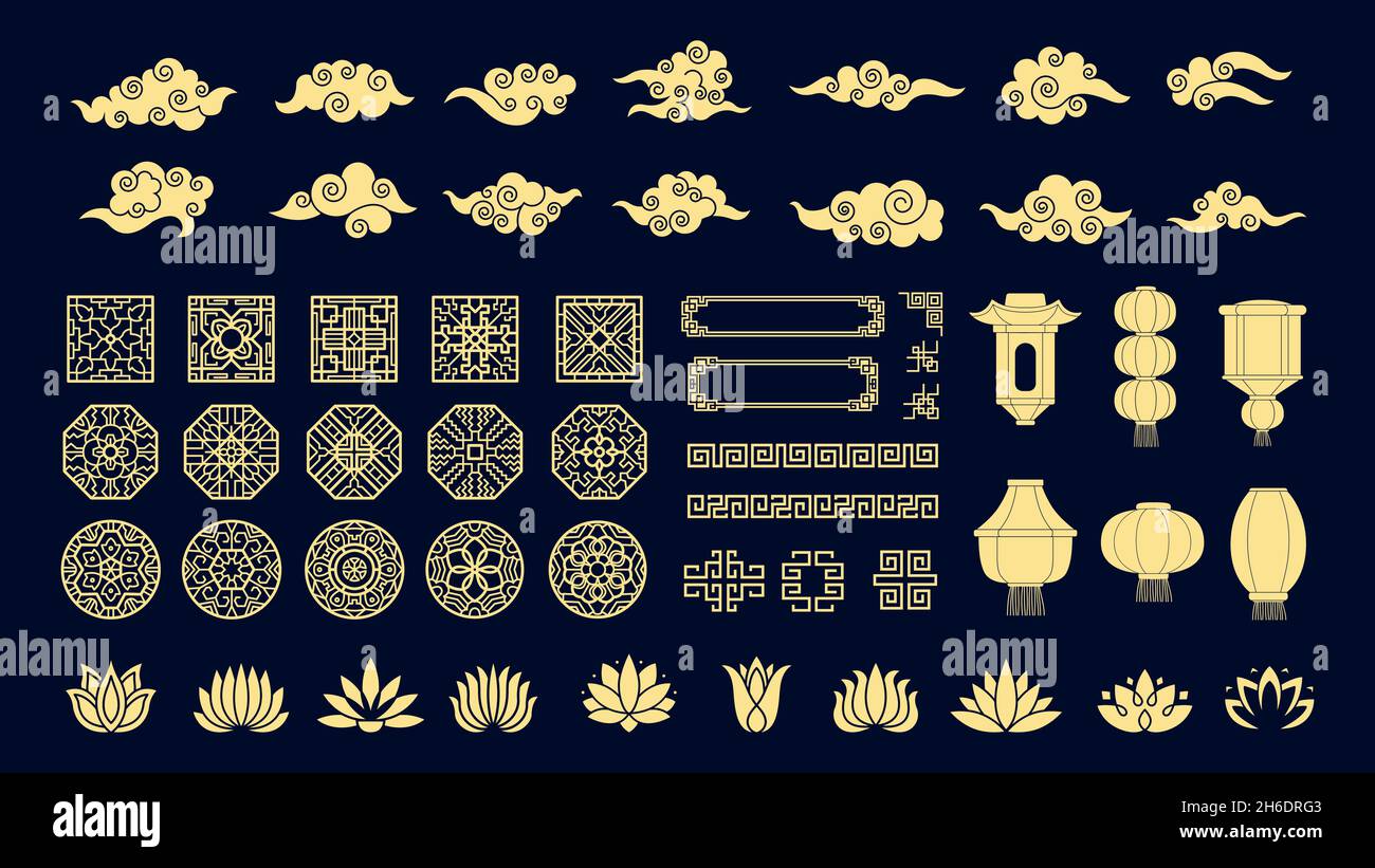 Chinese elements. Oriental ornaments, lanterns, asian korean clouds and ...