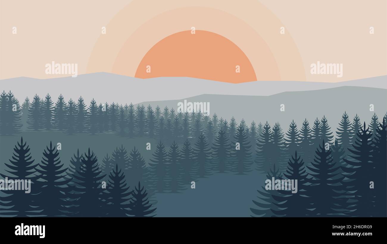 The sun is setting over the forest. Landscape with forest and mountains ...