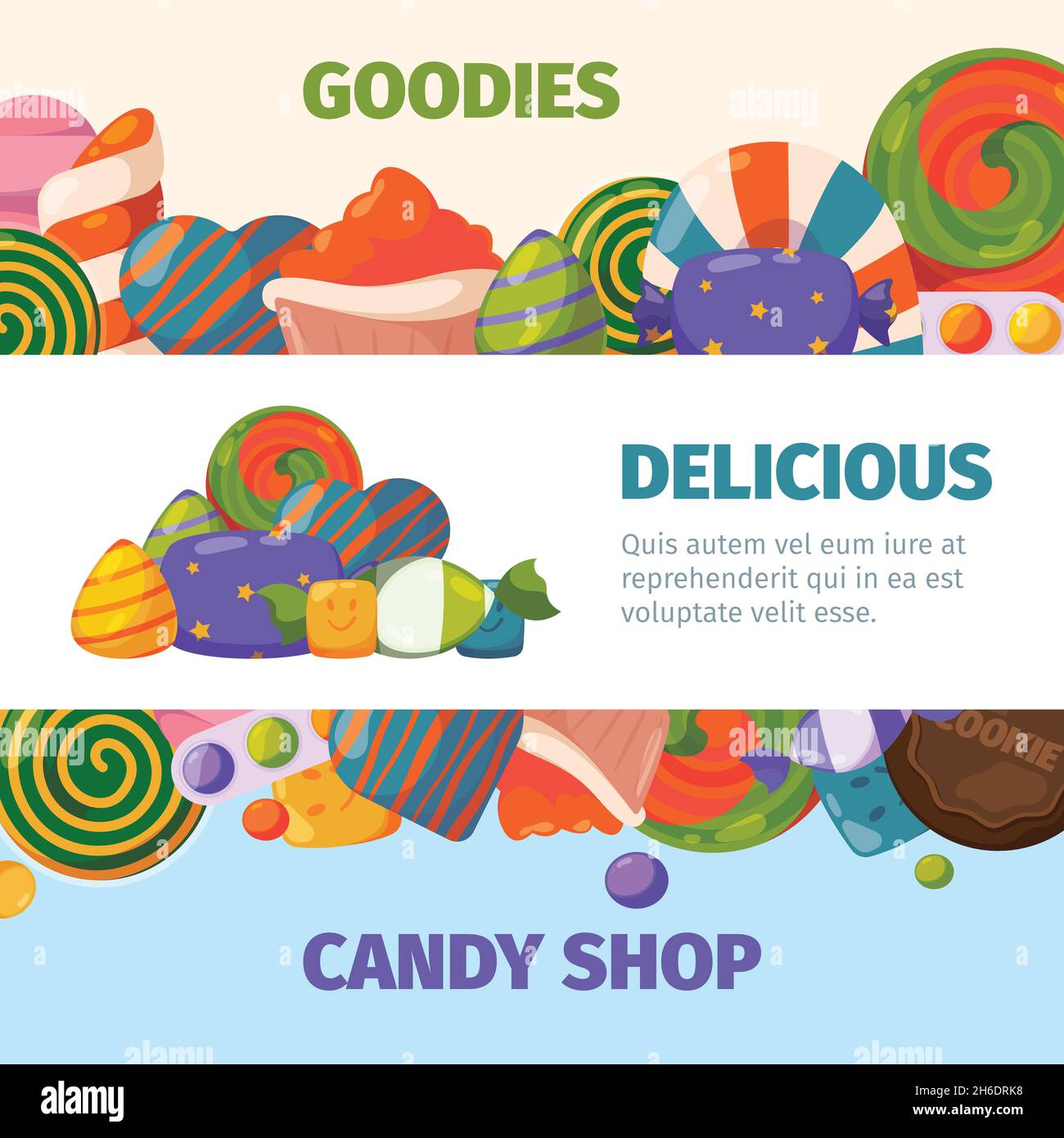 Sweets banners. Candies with chocolate and sugar biscuits and lolipop ...