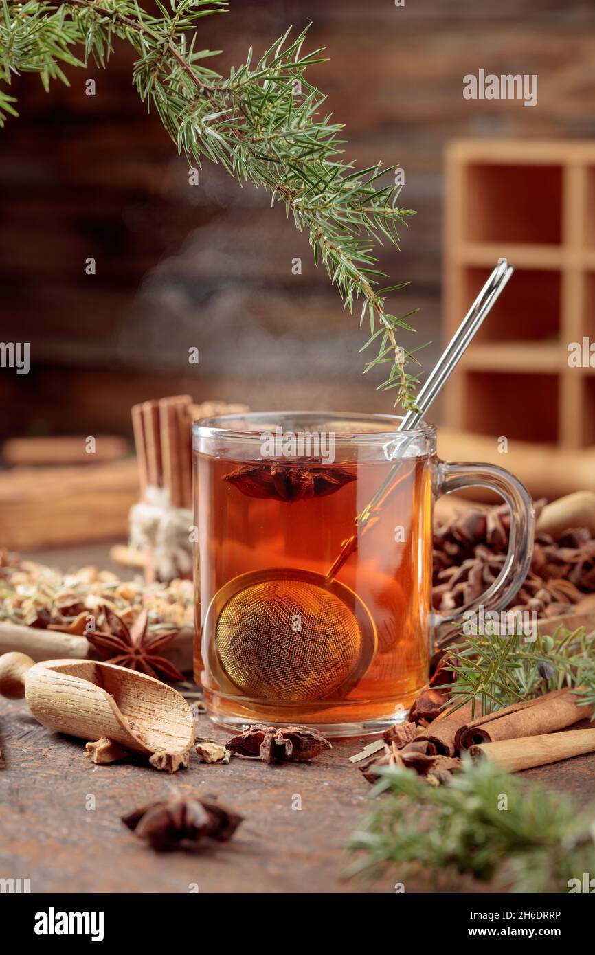 Hot herbal tea with cinnamon, anise, and dried herbs. Herbal tea with ...