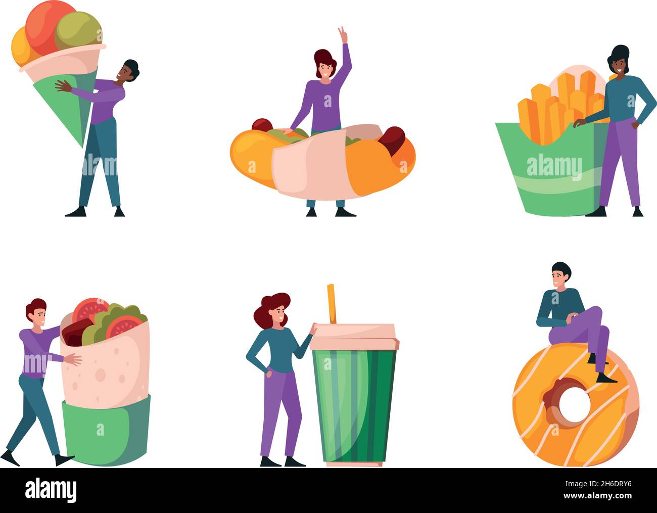 Fast food people. Characters with junk products little persons and big ...
