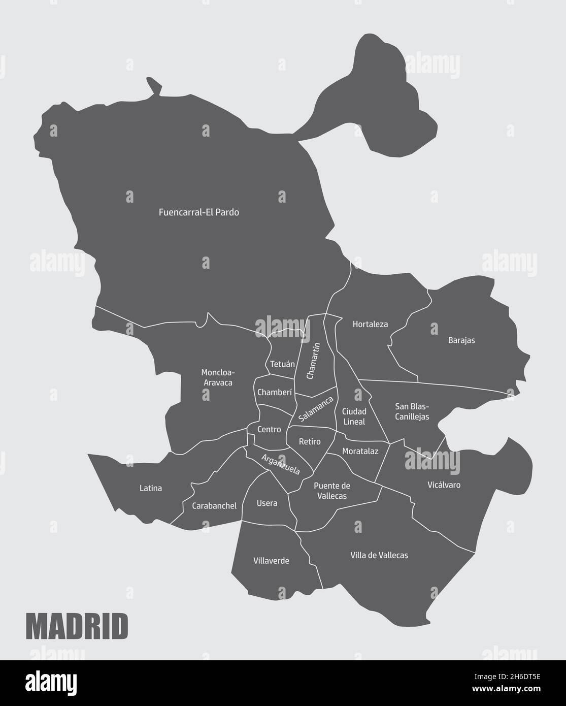 The Madrid city administrative map with labels, Spain Stock Vector ...