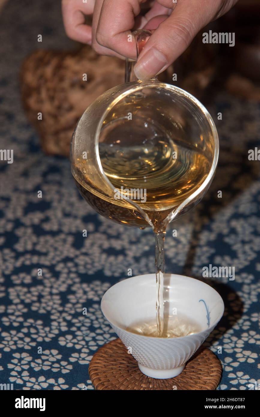 Chinese Tea Ceremony. Male server prepares the traditional tea ...