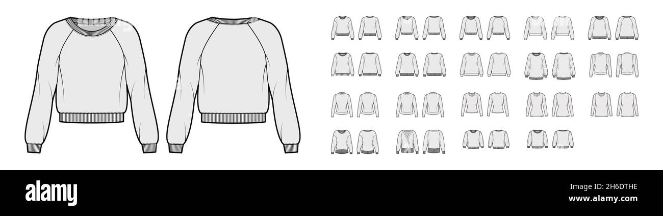 Set of sweatshirts technical fashion illustration with fitted oversized ...