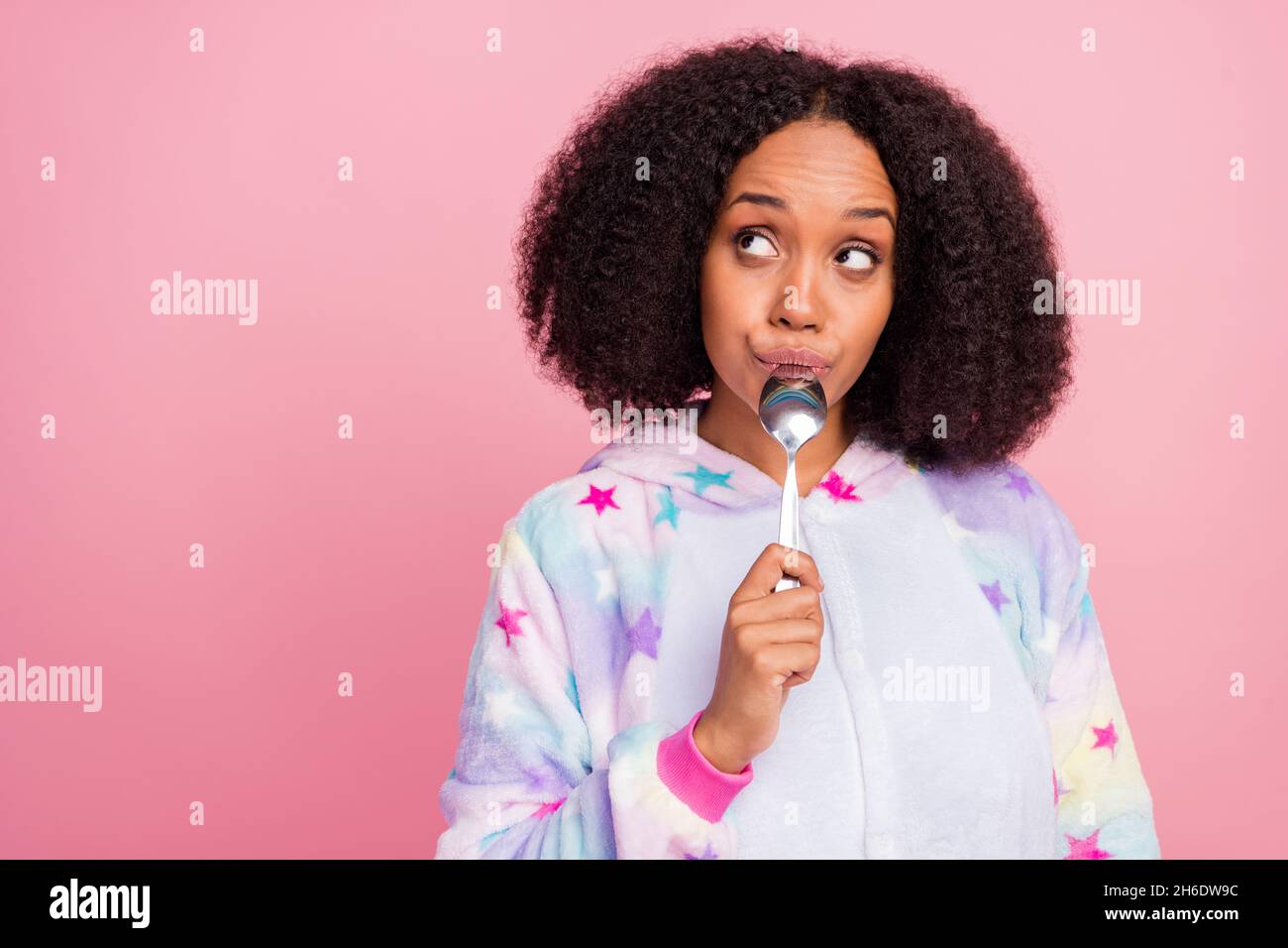 Photo of young lovely african girl starving wondered look empty space ...