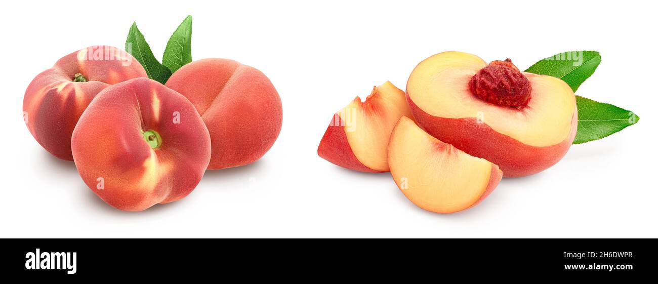 Ripe chinese flat peach fruit with leaf isolated on white background ...