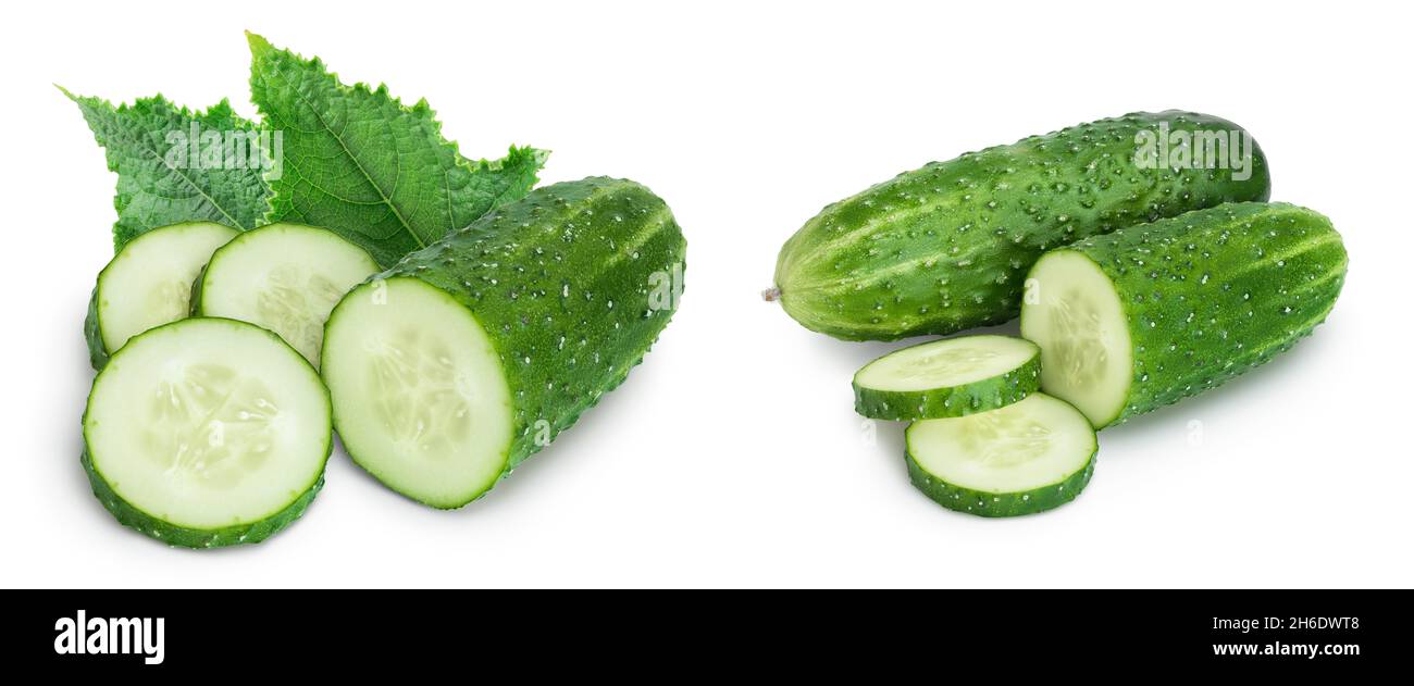 Sliced cucumber isolated on white background with clipping path and full depth of field, Set or ...