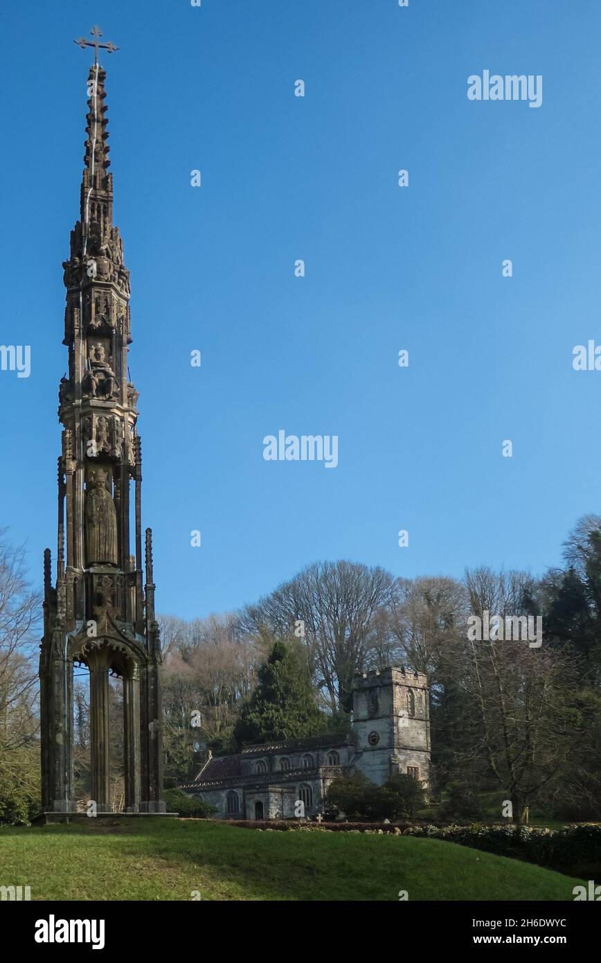 The medieval gothic Bristol Cross and St Peter's church, Stourhead ...