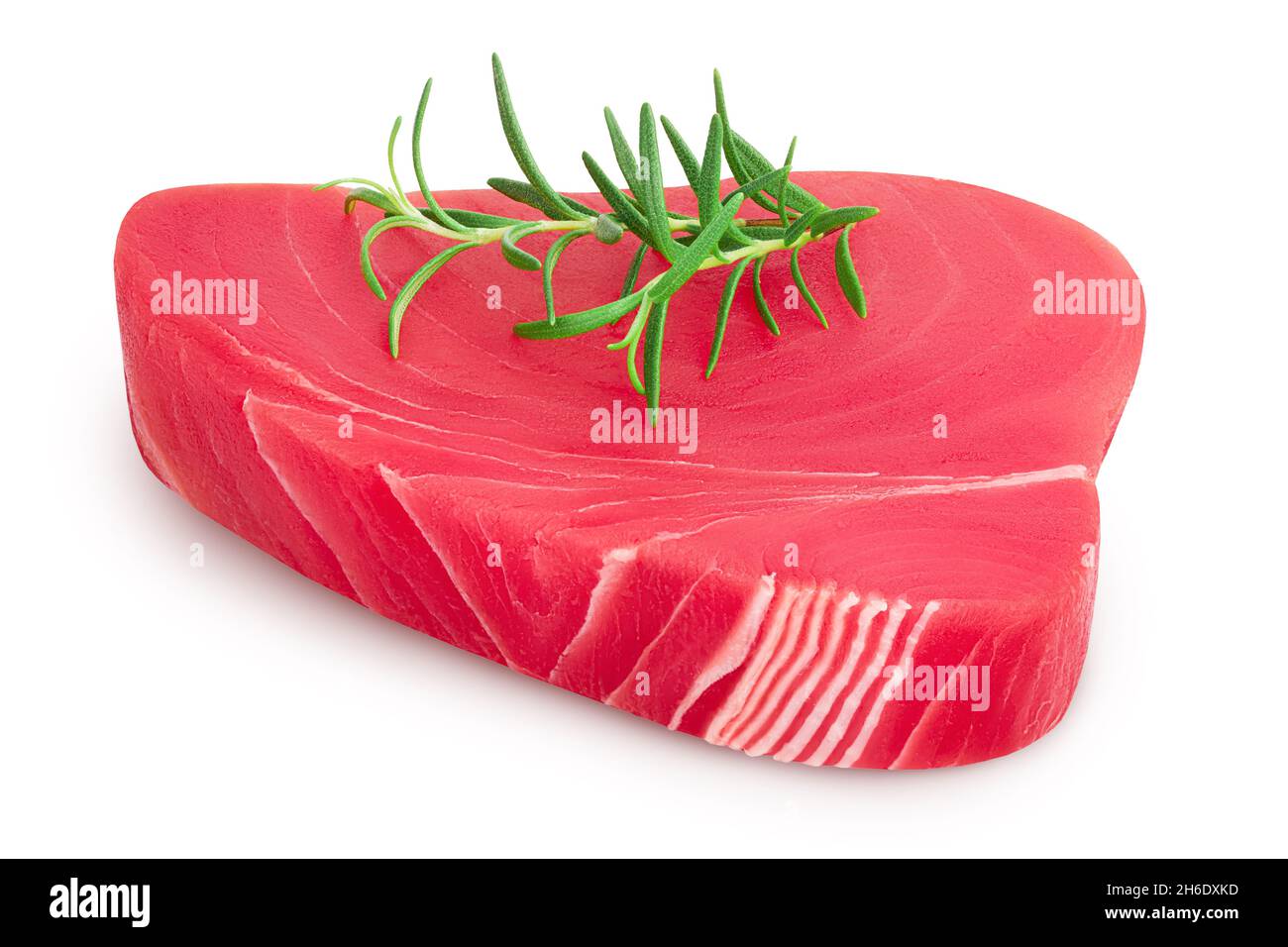 Fresh tuna fish fillet steak with rosemary and lemon isolated on white ...