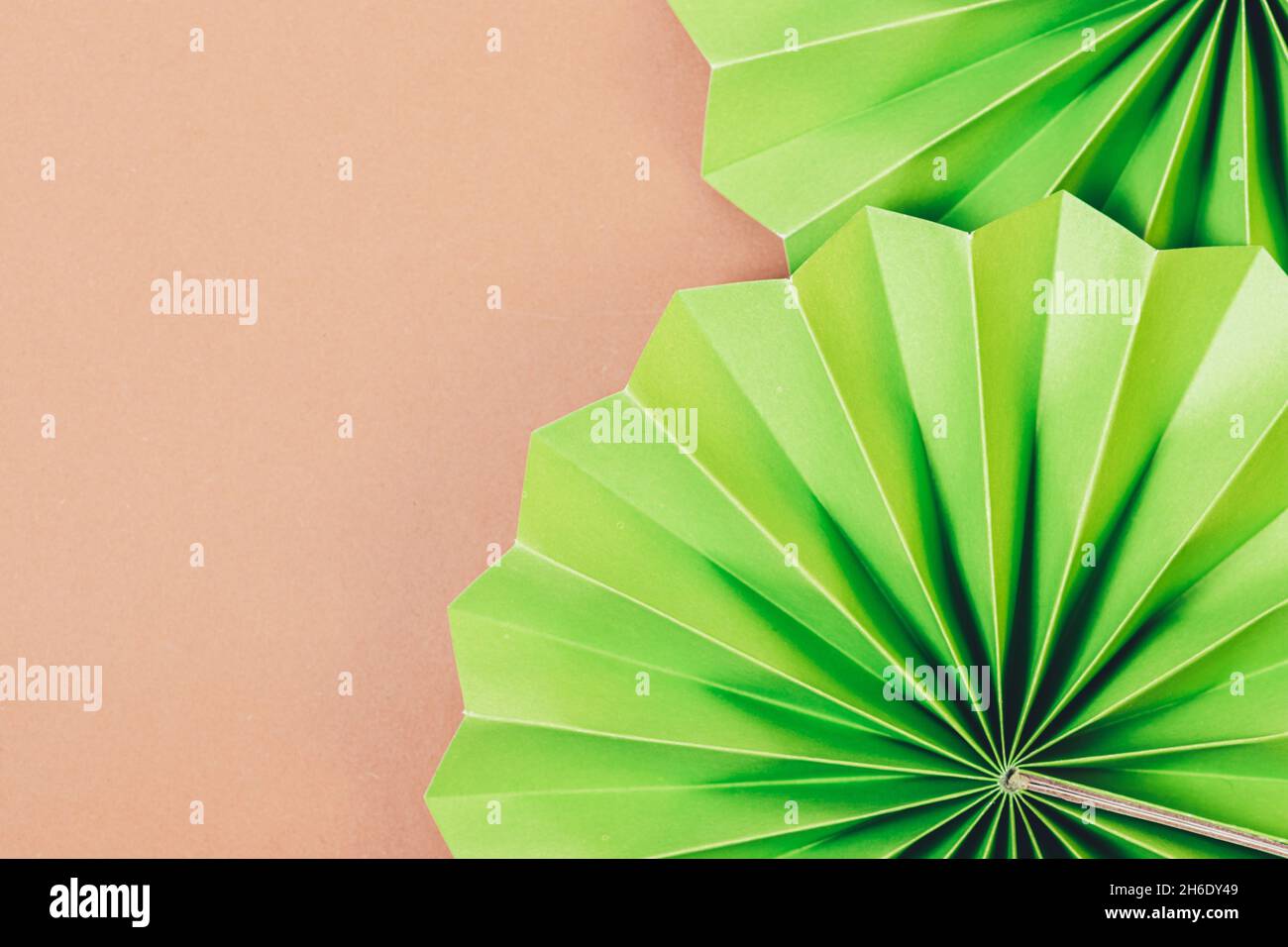 Round textured green paper fans on brown background with copy space ...