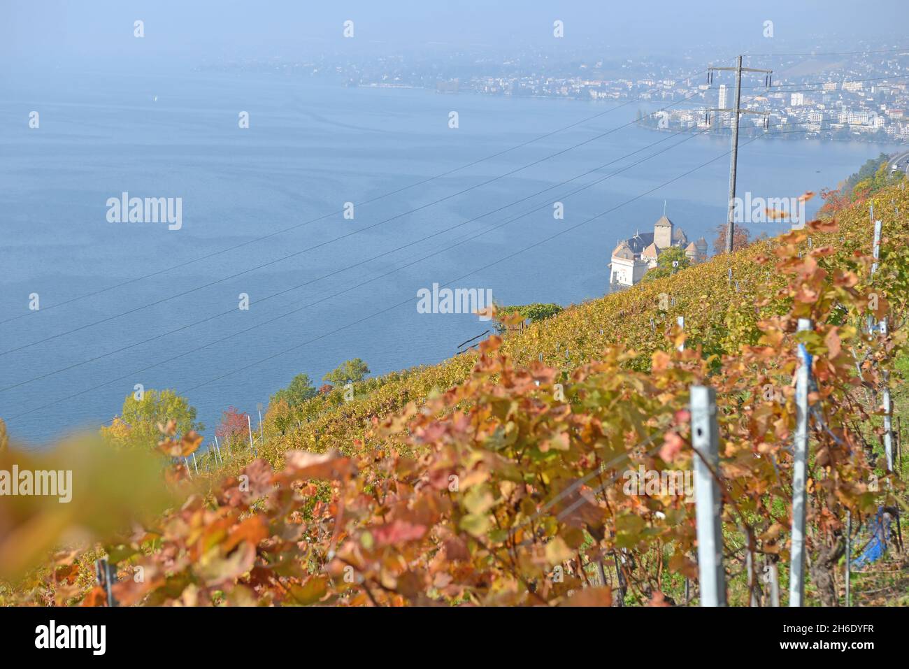 Lake Geneva, the town of Montreux and Chateau de Chillon, Switzerland ...