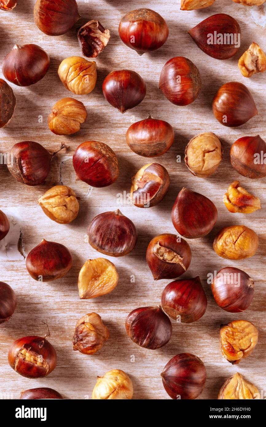 Chestnut texture, shot from the top on a rustic wooden background Stock ...