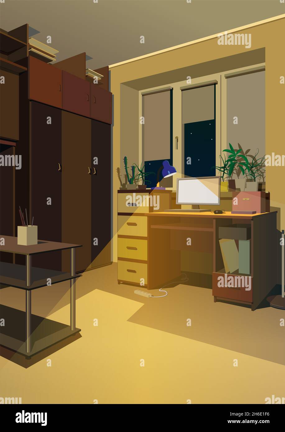 Evening work at the computer at home. Vector Stock Photo - Alamy