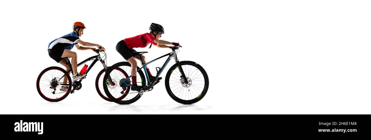 Collage of woman and boy, cyclists, riding a bike in helmet isolated ...