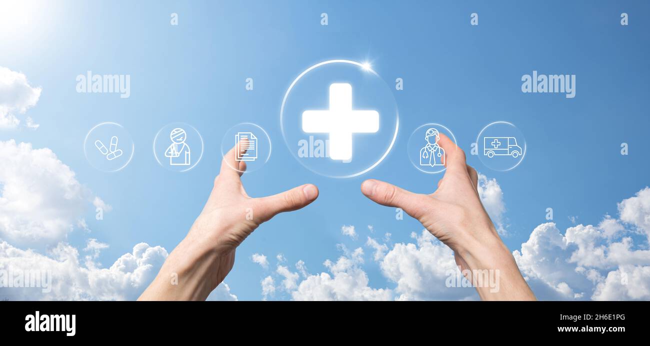 Businessman hold virtual plus medical network connection icons. Covid ...