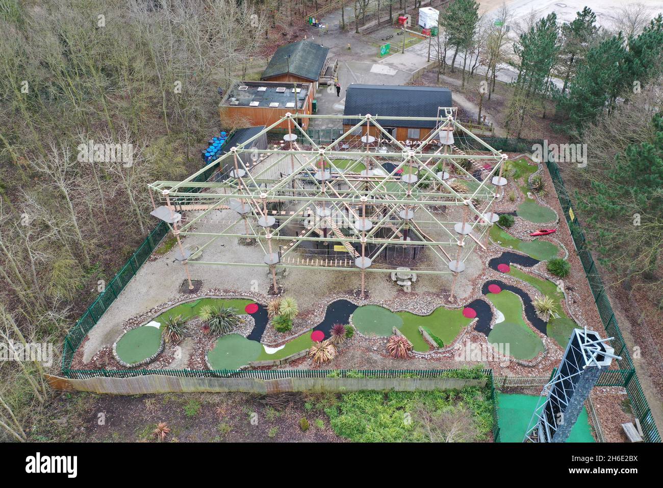 Aerial view of the outdoor adventure and mini golf area at Holme ...